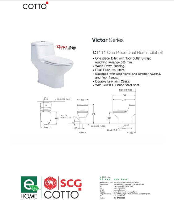 Bàn cầu COTTO C1111 - Victor - Vật Tư Hoàn Thiện