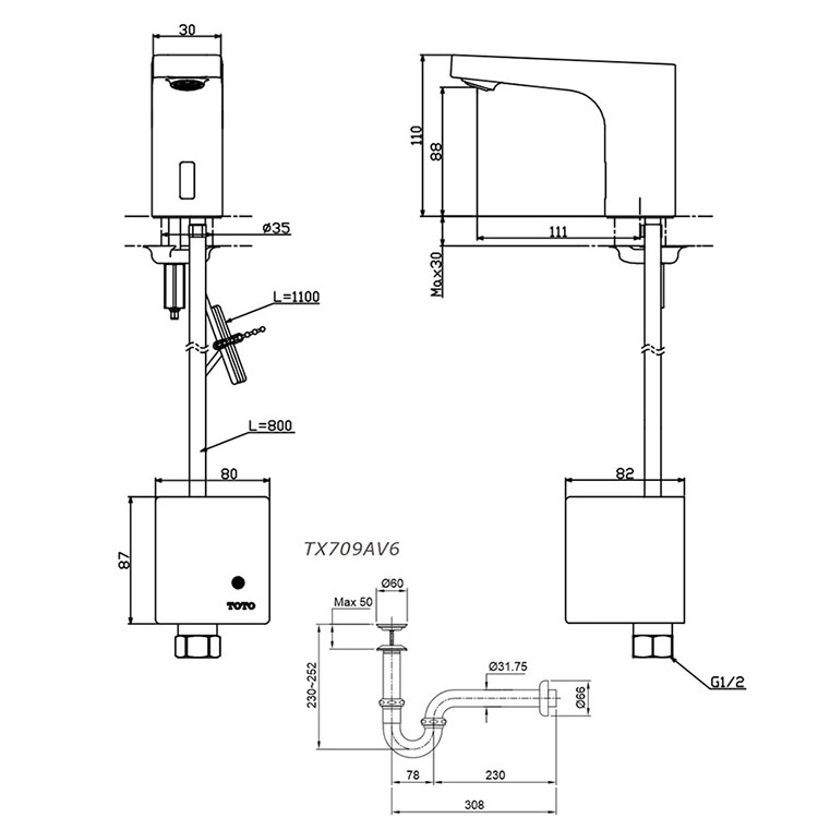 Vòi lavabo cảm ứng TOTO TTLA102/TTLE101E2L/HAP004A - Vật Tư Hoàn Thiện